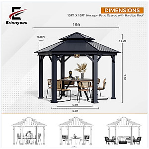 Erinnyees 15' x 15' Hardtop Gazebo, Hexagonal Gazebo with Galvanized Steel Double Roof, Aluminum Frame, Patio Gazebo for Deck, Backyard, Patio, Lawns