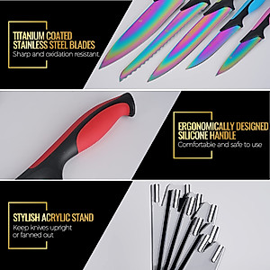 Napperband 6 Piece Color Coded Kitchen Knife Set Block with Clear Acrylic Stand - Titanium Coated Stainless Steel