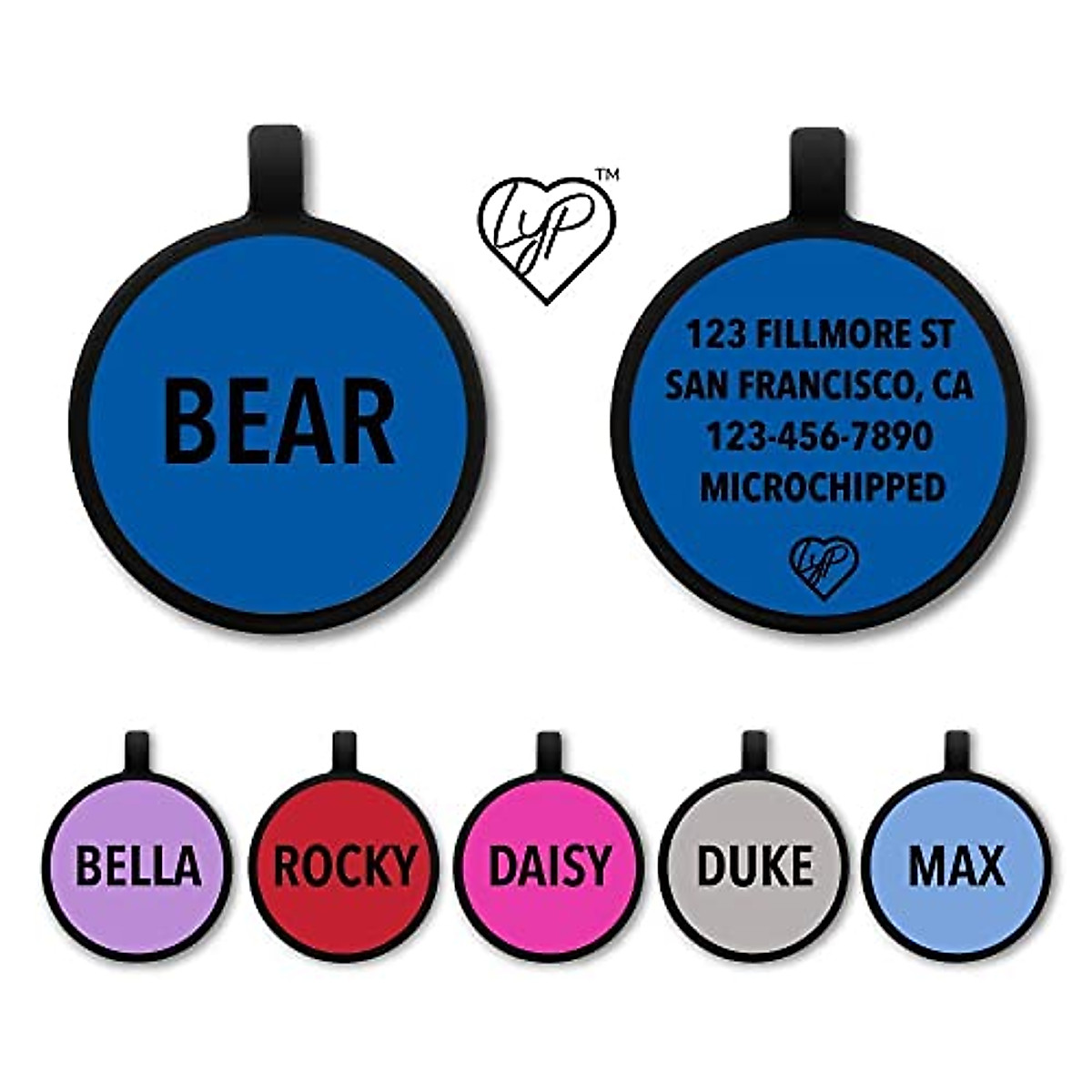 LYP Soundless Pet Tag - Deep Engraved Silicone – Double Sided and Engraving Will Last - Many Design Choices of Pet ID Tags, Dog Tags, Cat Tags (Blue, Circle)