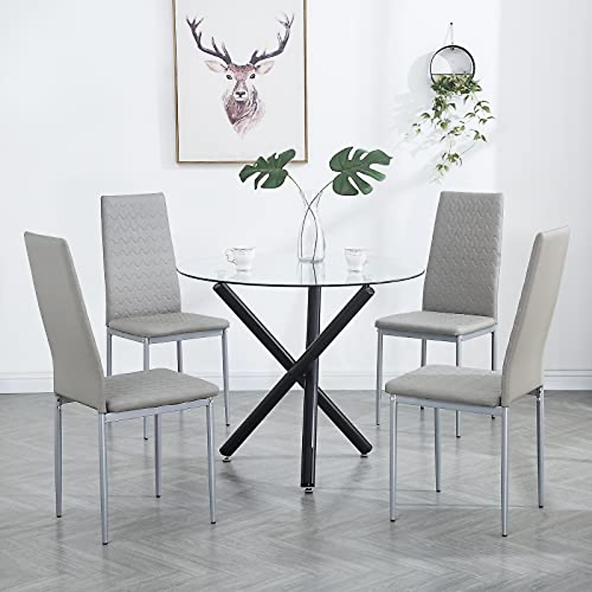paonne Round Dining Table Set for 4, Glass Round Kitchen Table and Chairs for 4, 5-Pieces Table with Chair Set