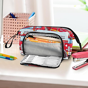 Emelivor Fire Fighting Truck Pencil Case Large Capacity Pencil Pouch Bag with Compartmens Pen Bag Case with Zipper Stationery Bag Pencil Organizer for Office School Teen Girl Boy Adult