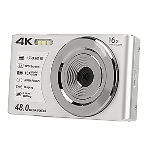 4k Digital Camera, Portable Compact Camera, 2.8 inch Screen, 16X Digital Zoom, 48 Megapixels, 4k Video Resolution, Built in Fill Flash, Suitable for Teenage Beginners (Silver)