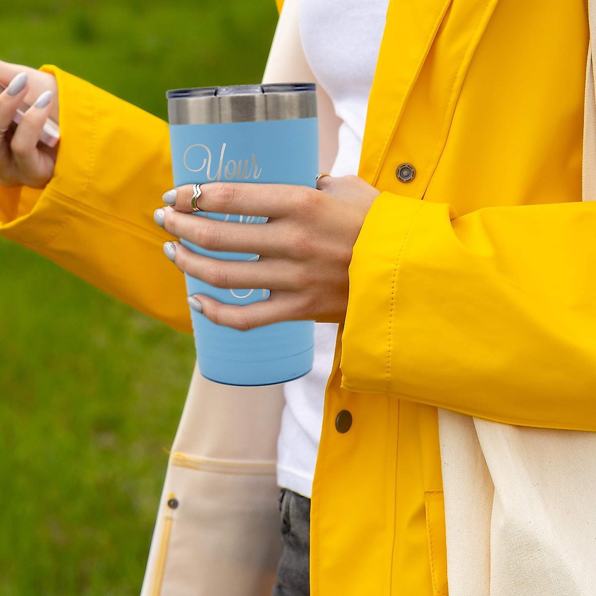 My Personal Memories Customized Personalized Stainless Steel Travel Tumbler with Lid - Engraved Double-Wall Vacuum Insulated for Him, Her Your Custom Text (20 oz, Carolina Blue)