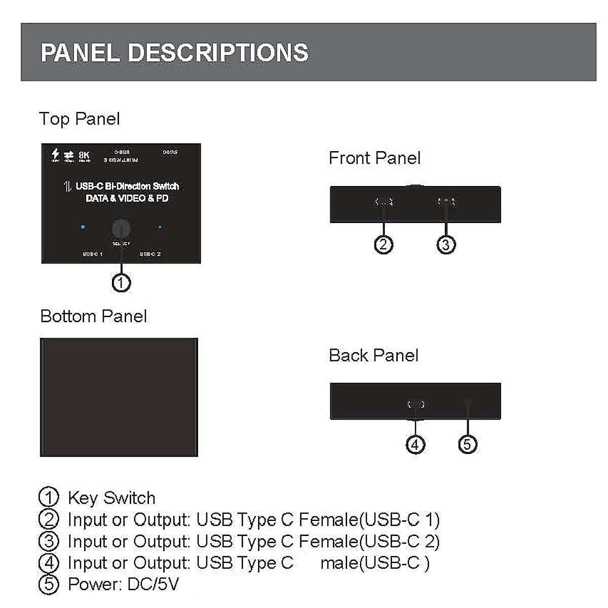 Cablecc USB-C Type-C Bi-Direction Switch MST 1 to 2 Hub Support Video Data PD 8K@30hz 100W 10Gbps with 50cm Cable