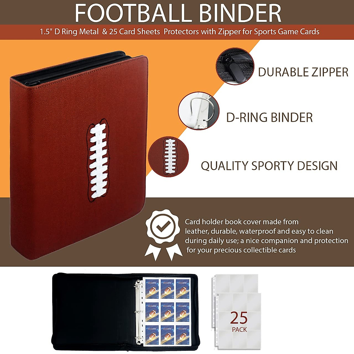 Performore Football Card Binder 9-Pockets Fits 450 Pockets, The Ultimate Football Zippered Ring Binder Card Holder Includes 25pages for sports trading cards. Organize and protect your cards like a pro