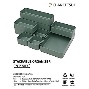 9 Pcs Stackable Drawer Organizer Trays Set, Multifunctional Stackable Storage Trays for Vanity, Bathroom, Kitchen, Desk Drawer Organizer Office. Plastic Drawer Organizers Available In 5 Colours, Green