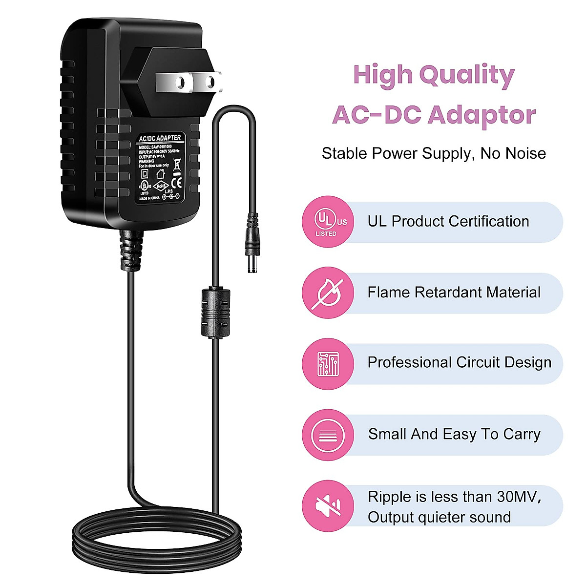 Pigtone Guitar Pedal Power Supply AC Wall Charger Adapter 9V DC 1A 1000mA Tip Negative 8 Way Daisy Chain Pedal Cables for Most Guitar Effect Pedals