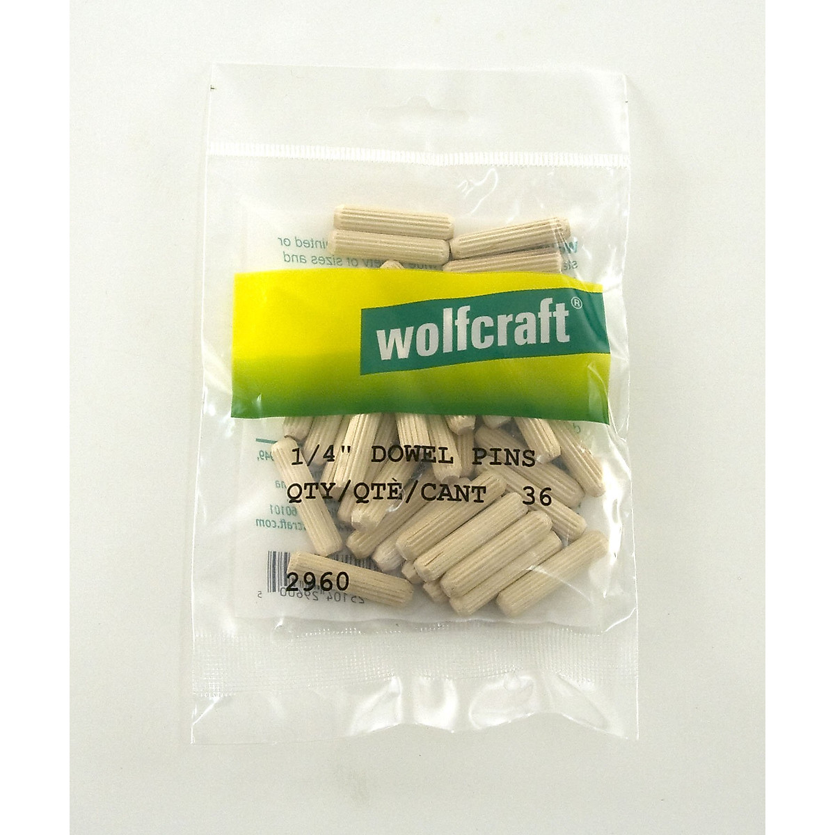 Wolfcraft 2960405 1/4 in (6 mm) x 1 1/8 in (29 mm) Fluted Beechwood Dowel Pin, 36-Pack