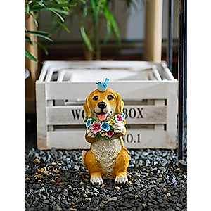 Pohabery Dog Garden Statue Dog Statue Solar Dog and Butterfly LED Lights Figurine Outdoor Decoration for Patio Yard Lawn