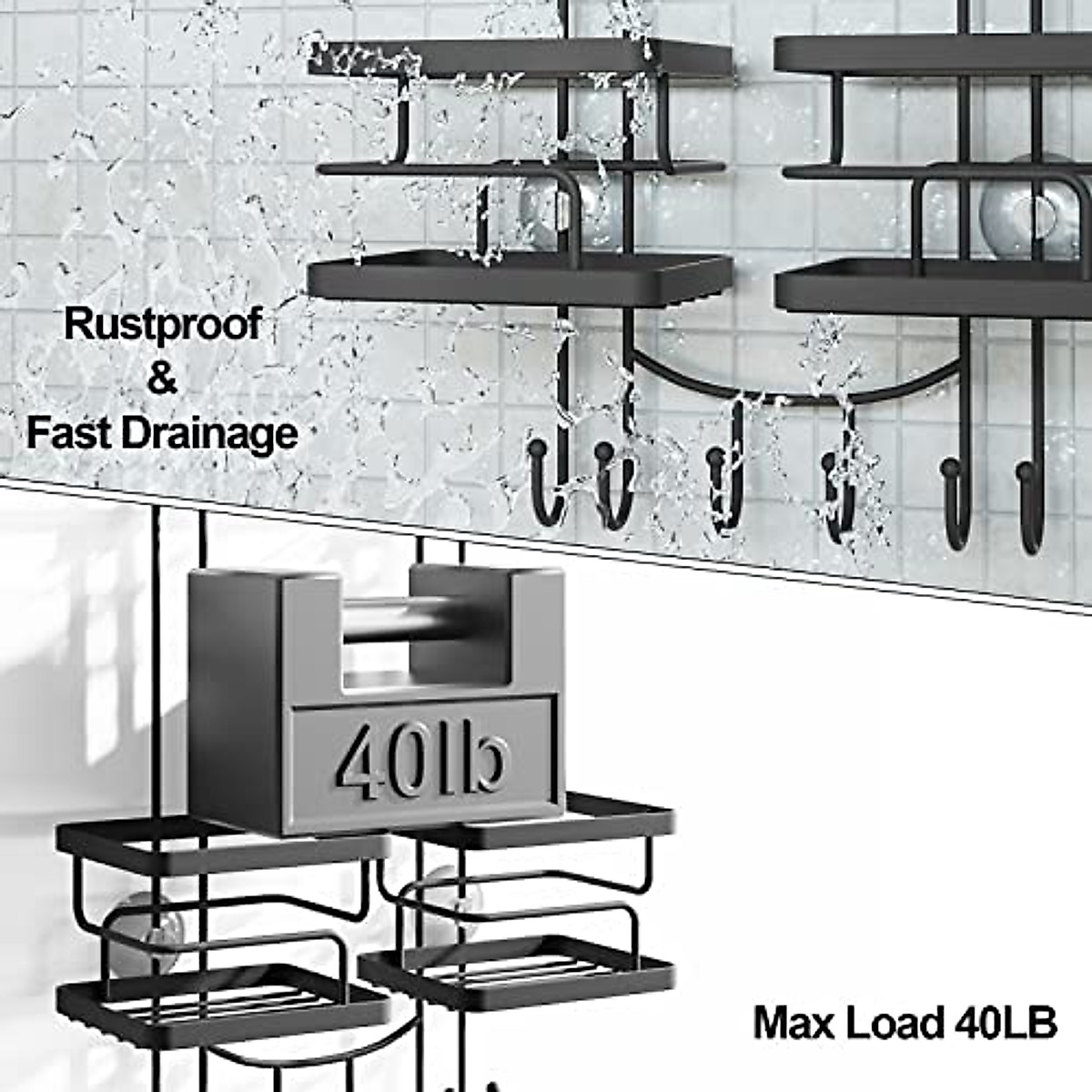 Auslar Shower Caddy Hanging Over The Door, Sturdy Rustproof Hanging Shower Organizer, Shower Shelf with Hooks, Razors Towels Shampoo Organizer for Dorm, Toilet and Bath, Black