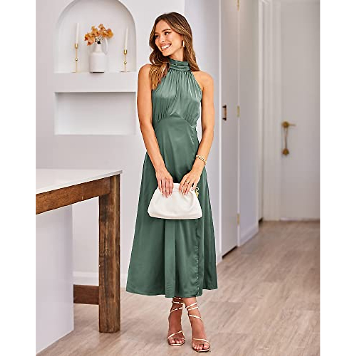 BTFBM Women Elegant Sleeveless Summer Dresses 2023 Halter Neck Backless Satin Dresses Split Solid Color Cocktail Maxi Dress（Solid Army Green,Medium