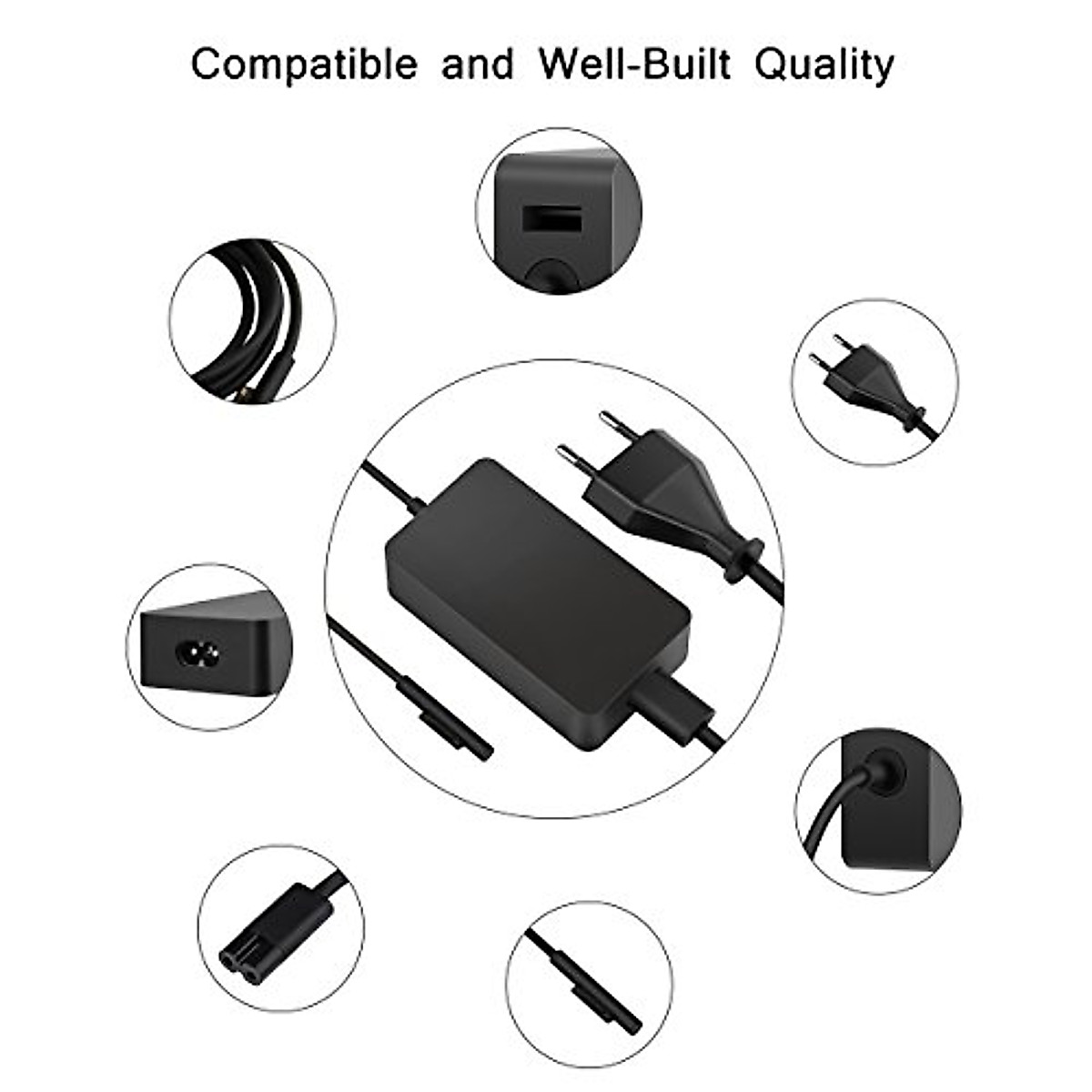 Slive Updated Version Surface Pro Charger, 44W 15V 2.58A, Compatible for Microsoft Surface Pro 3, Pro 4, Pro 5, Pro 6, Pro 7 Surface Laptop 1/2, Surface Book & Surface Go, with 5V 1A USB Charging Port