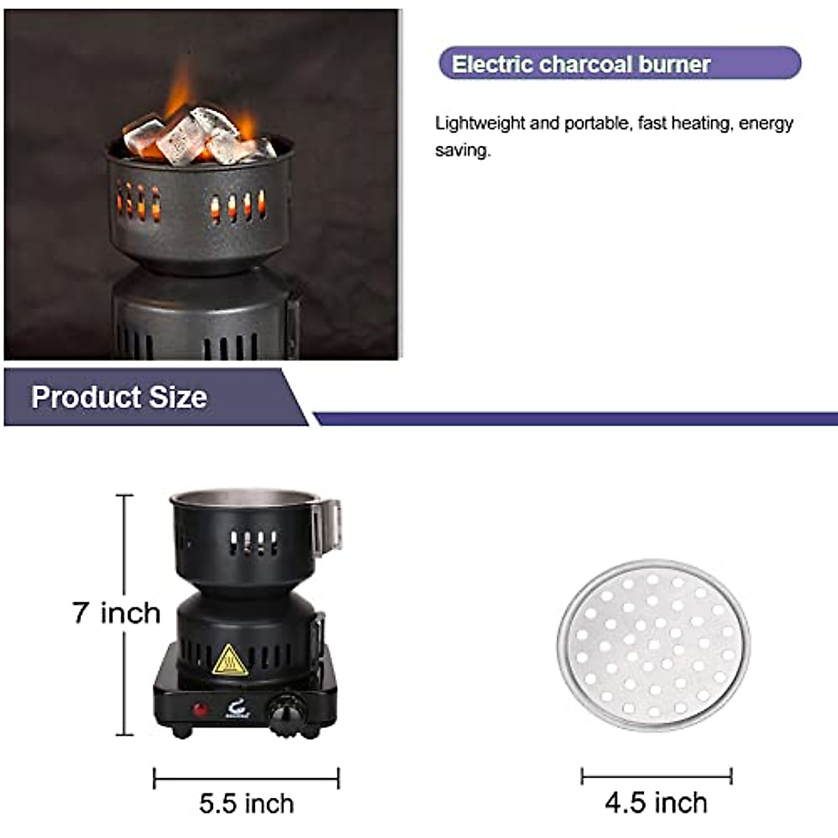 Charcoal Starter - Coal Burner Hot Plate Durable Faster Electric Coal Stove 120V~650W with Detachable Handle Stainless Steel Grill & Rack Smart Heat Control for BBQ Kitchen