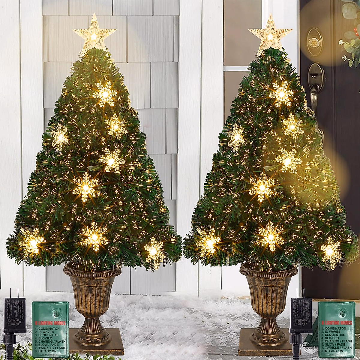 Juegoal 3 FT Pre-Lit Artificial Christmas Tree, 2 Pack Lighted Optical Fiber Entrance Tree in Gold Urn Base with Lights, 8 Lighting Modes, 110 Branch Tips Front Door Porch Entryway Holiday Home Decor
