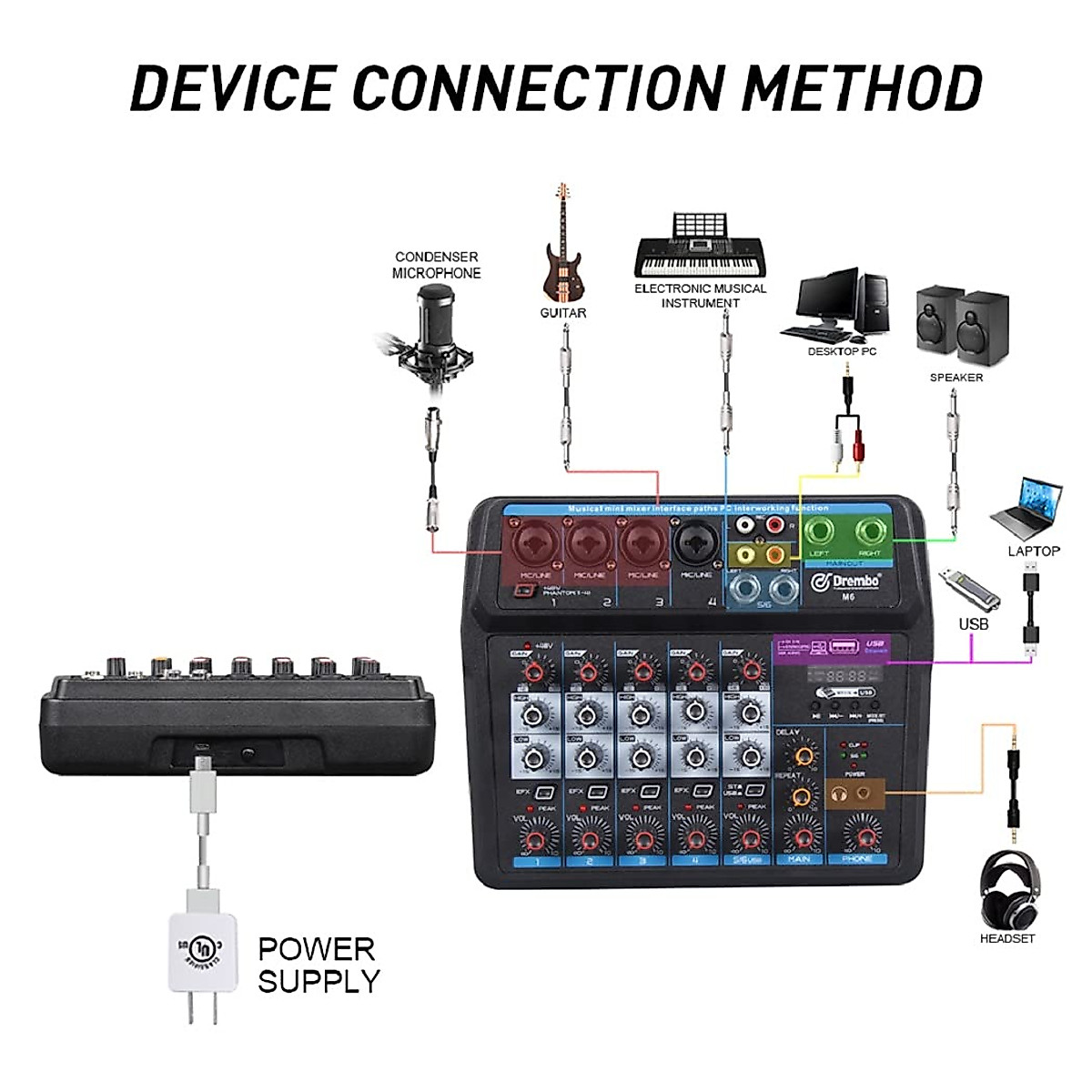D Debra M6 Mini Audio Mixer Mixing Console Mixer Sound 6 Channel with Sound Board USB Bluetooth Audio Interface Mic Preamps 48V Phantom Power Mixer Use for DJ Studio PC Recording Singing Webcast Party