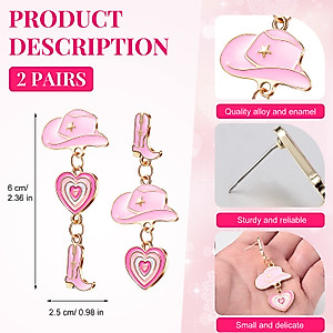 2 Pairs Cowboy Hat Earrings Cowgirl Earrings Western Jewelry Cowboy Boot Earrings Cute Jewelry Pink Heart Dangle Drop Cowgirl Jewelry Valentine's Day Gift for Women Girls Disco Country Party