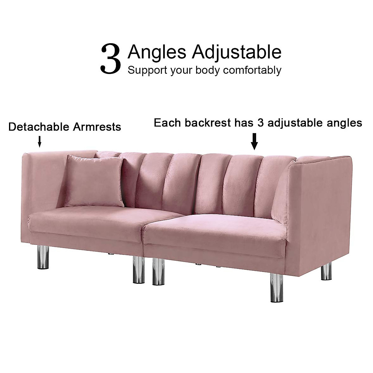 SLEERWAY Velvet Futon Sofa Bed with Two Pillows, Modern Sleeper Sofa Couch with 3 Adjustable Angles, Convertible Small Loveseat for Living Room, Pink
