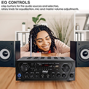 Pyle -Upgraded- 2 Channel Karaoke Home Audio Amplifier w/Bluetooth for Streaming, AUX-in, USB, 2 Microphone Input w/Echo Effect, Talkover for PA, Compact Footprint, Black