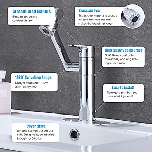 HUAHUALALA 1080 Degree Swivel Faucet for Bathroom Sink,Faucet with Big Angle Rotate Spray Dual Function,Single Handle Vanity Faucet with Deck Plate,Lavatory Faucet,100% Lead-Free,1 or 3 Hole,Chrome…
