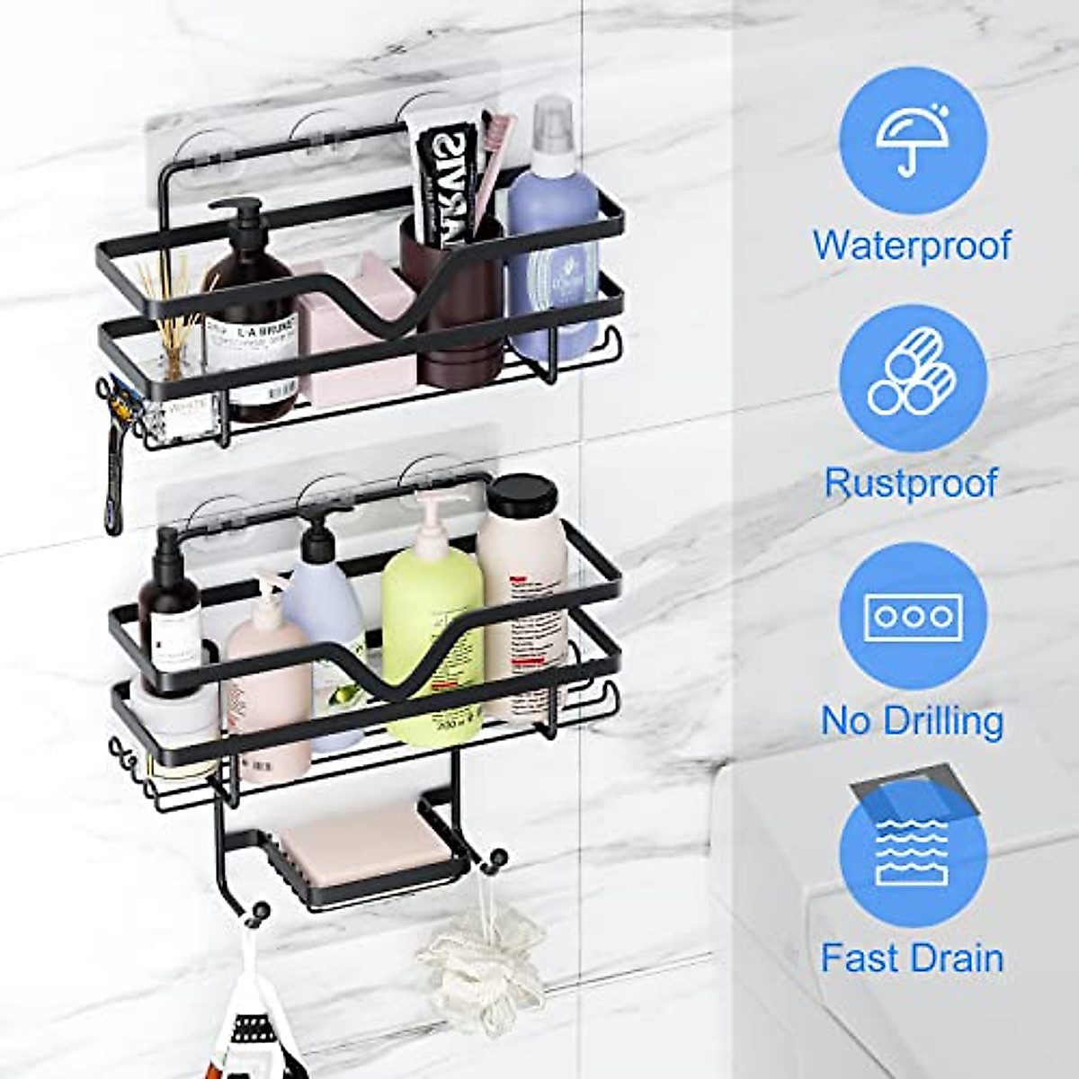 Gaseawolf Adhesive Shower Caddy, 2 Pack Shower Shelf with Soap Holder and Hooks, No Drilling Matte Black Bathroom Shower Organizer for Bathroom, Restroom, Shower Room, Toilet, Kitchen
