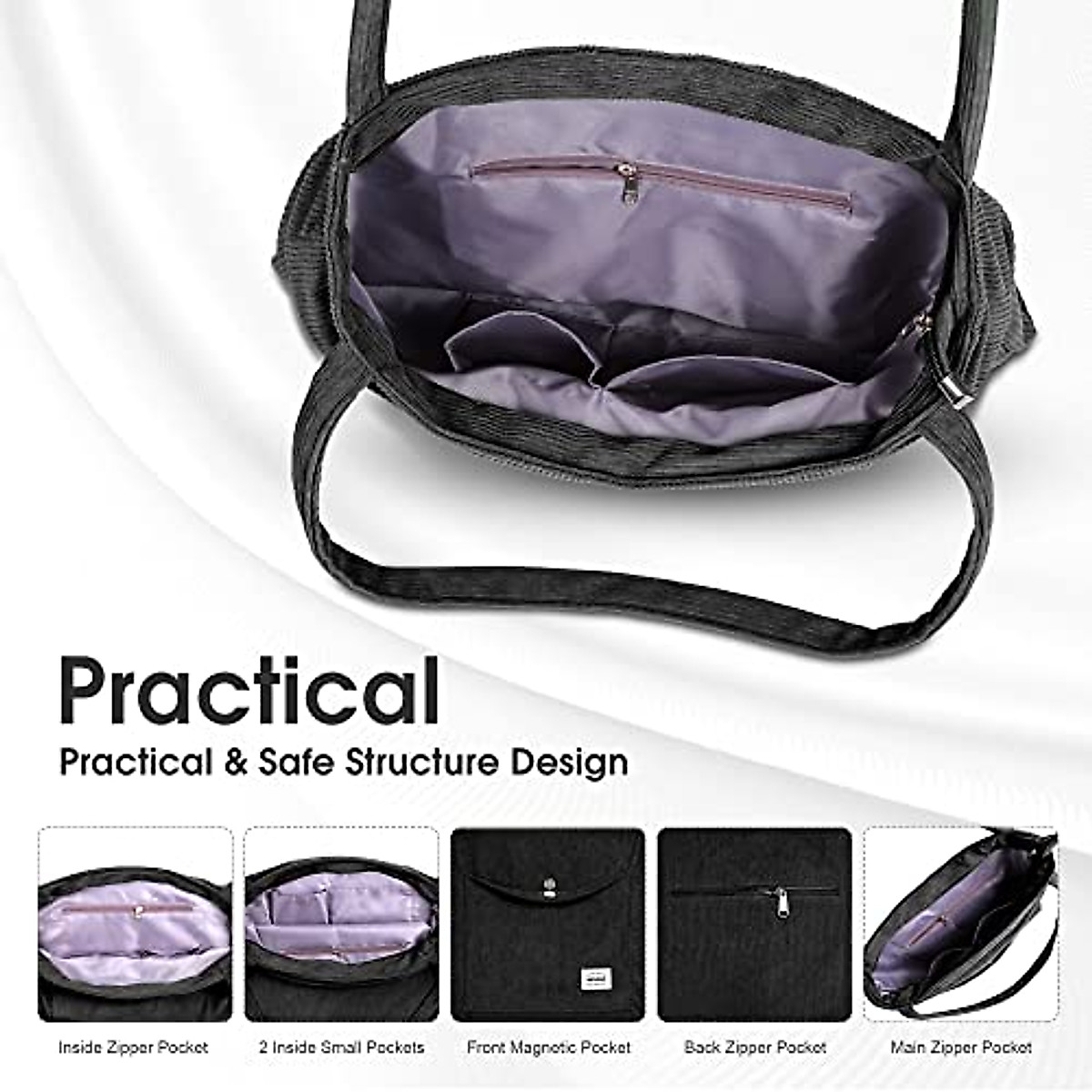 Women Corduroy Tote Bag with Zipper Large Capacity Shoulder Bags Casual Handbags Big Shopping Bags for Daily Use Work School-Black