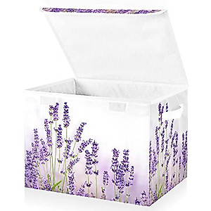WELLDAY Lavender Flowers Storage Baskets Foldable Cube Storage Bin with Lids and Handle, 16.5x12.6x11.8 In Storage Boxes for Toys, Shelves, Closet, Bedroom, Nursery