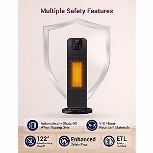 DELLA Electric Space Heater, 18.3" 1500W PTC Fast & Quiet Ceramic Portable Tower Heaters w/Remote Control, Thermostat & Timer, 3 Modes, Eco, LED, Safety Office/Home Oscillating Heater Fan, Black