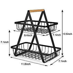 DEFLECTAIR 2-Tier Countertop Fruit Basket Fruit Bowl Bread Basket Vegetable Holder for Kitchen Storage, Black
