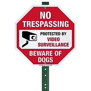 SmartSign 10" x 10" 'No Trespassing Protected By Video Surveillance Beware Of Dogs' Octagonal Yard Sign with 3 ft Stake, 40 mil Aluminum 3M Laminated Engineer Grade Reflective, USA-Made