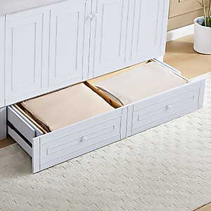 EDWINENE Queen Murphy Bed, Murphy Bed Cabinet with Charging Station, Storage Drawers & Foldable Mattress, Space-Saving Murphy Bed for Living Room & Bedroom (White)