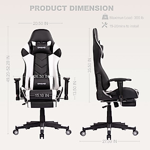 OHAHO Gaming Chair Racing Style Office Chair Adjustable Massage Lumbar Cushion Swivel Rocker Recliner High Back Ergonomic Computer Desk Chair with Retractable Arms and Footrest(Black/White)