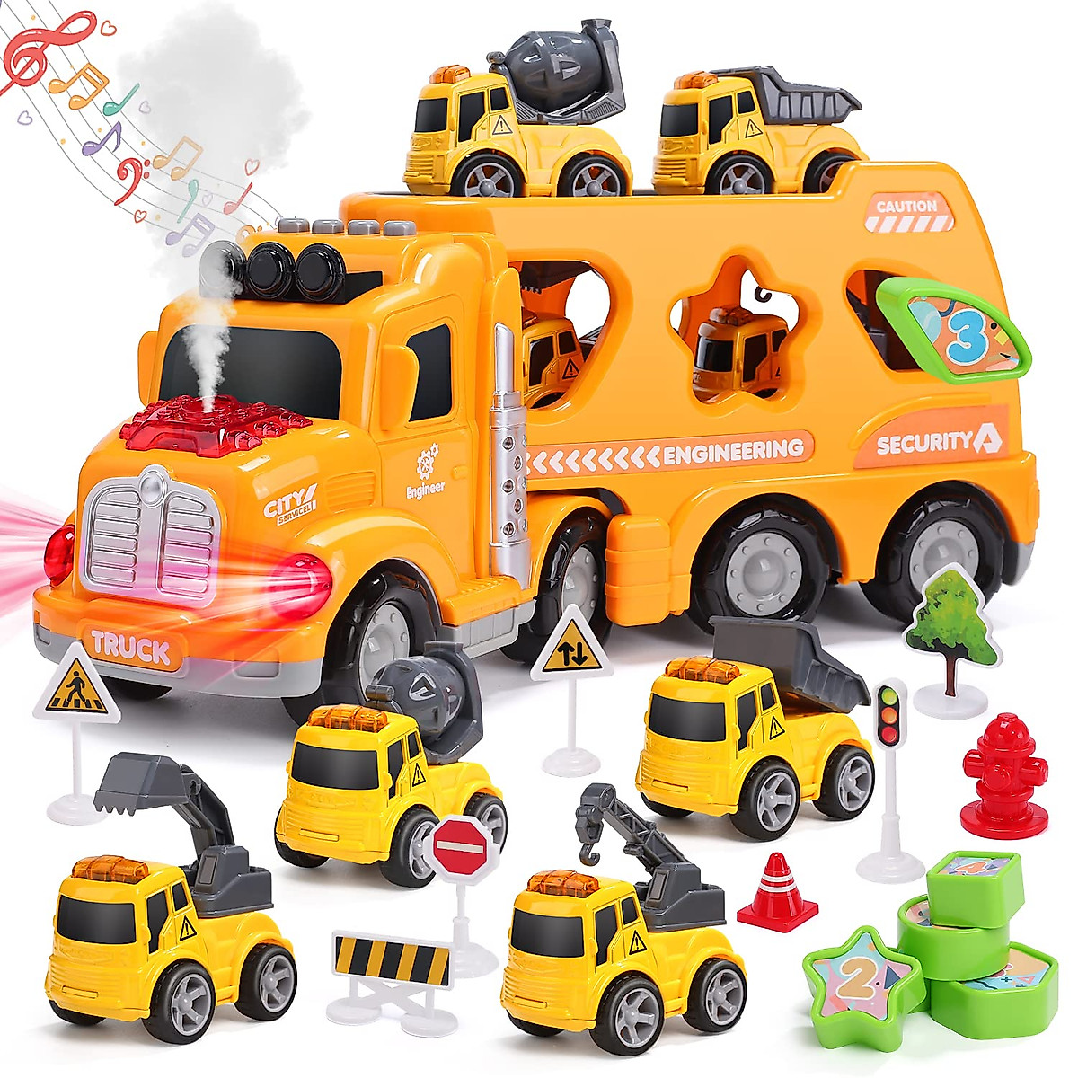 HOLY Fun 5 in 1 Construction Truck Toy Set, Transport Carrier Truck with Spray Sound& Light, 4 Small Engineering Mixer Excavator Crane Dump Car, Friction Power Truck Set, Early Learning Gift for Kids
