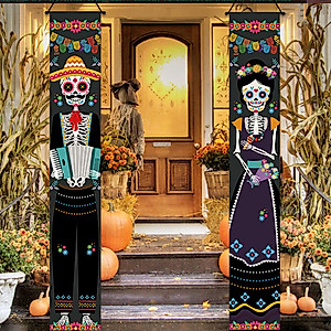 Day of the Dead Banner Decoration, 2 Pieces Dia De Los Muertos Porch Sign Mexico Welcome Hanging Wall Banner for Festival Halloween Indoor Outdoor Events Yard Supplies Decor 11.8 x 70.9 Inch