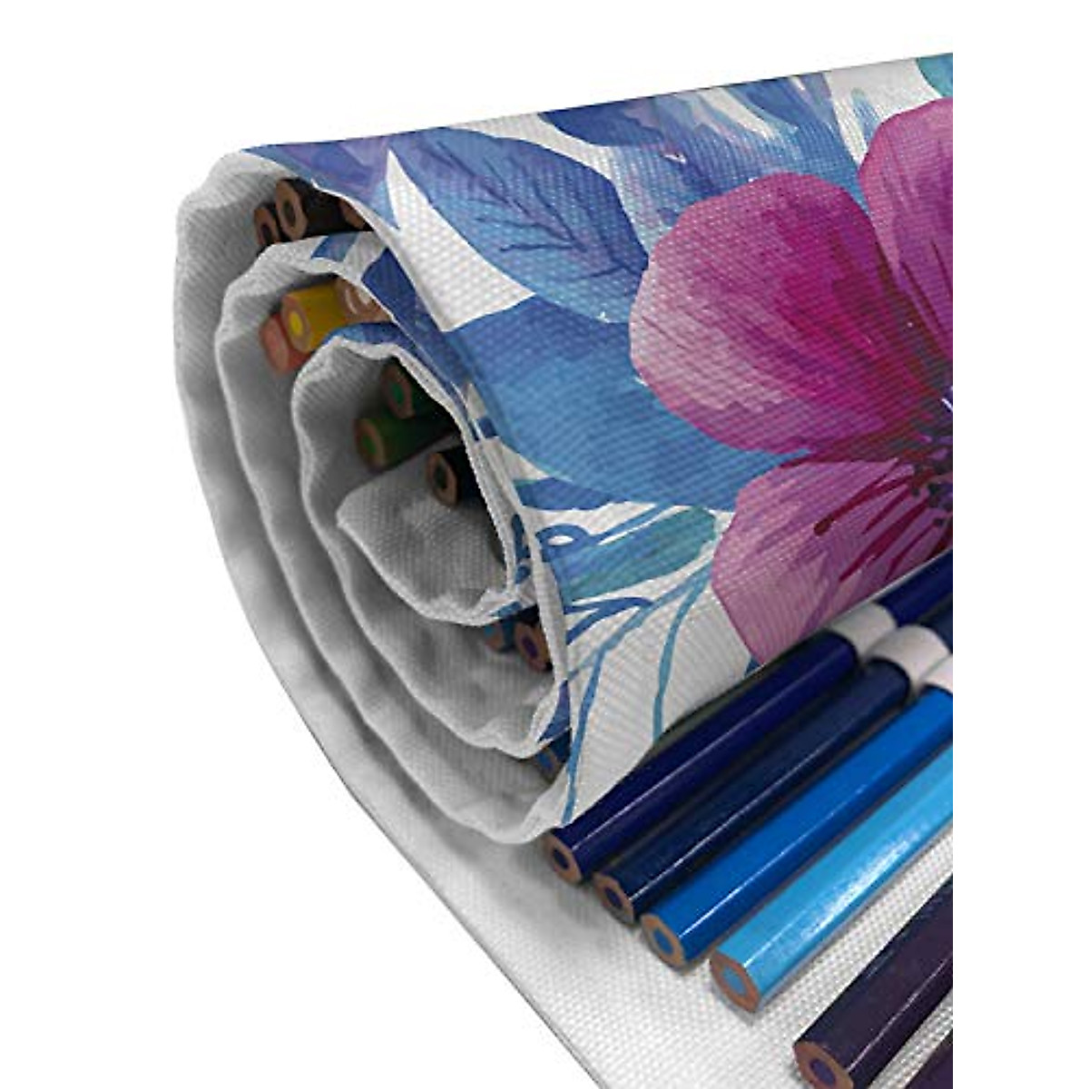 Ambesonne Spring Roll Up Pencil Holder, Romantic Watercolor Pattern with Nosegay Flowers Print, Painting Drawing Pencils Case for Artists Students, 48 Loops, Azure Blue Pink