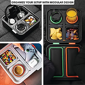 CouchConsole Original Cup Holder Tray - Drinks & Snacks Sofa Caddy with Armrest, Table with Phone Stand- TV Remote Control Storage and Organizer - for Living Rooms, RV, and Cars, Black/Orange