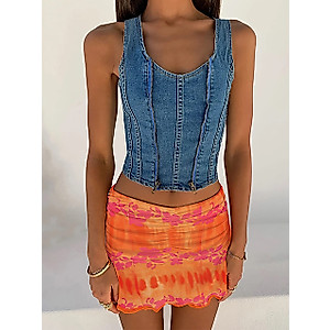 SAFRISIOR Women Ruched Ruffle Short Skirt High Waisted Stretch Pleated Tennis E-Girls 90s A-Line Mini Skirt (Medium, Floral#Orange, m)