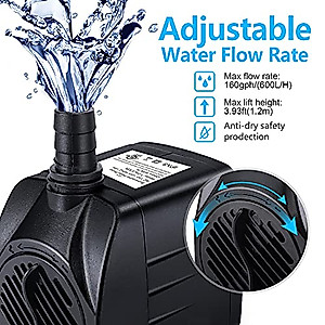 CWKJ Fountain Pump, 2 Packs 160GPH(10W 600L/H) Submersible Water Pump, Durable Outdoor Fountain Water Pump with 7.2ft（2.2m）Power Cord, 3 Nozzles for Aquarium, Pond, Fish Tank, Water Fountain Pump
