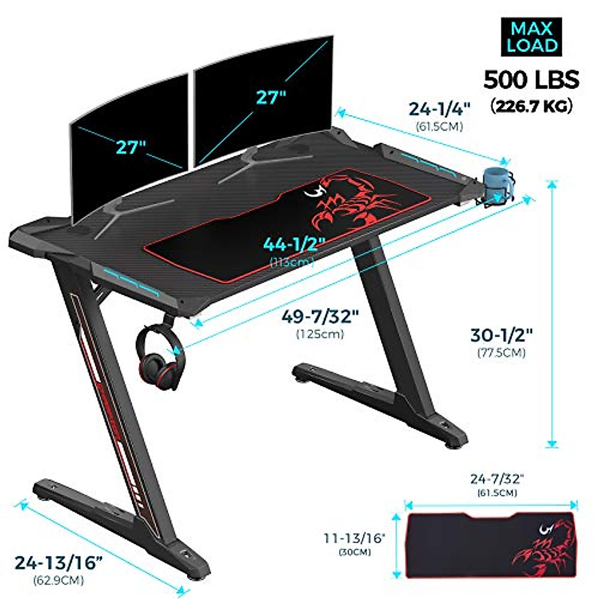 EUREKA ERGONOMIC Z1-S Pro Gaming Desk 44.5" Z Shaped Home Office PC Computer Desks Gamer Tables with LED Lights Controller Stand Cup Holder Headphone Hook Free Mousepad for Men Boyfriend Female Gift