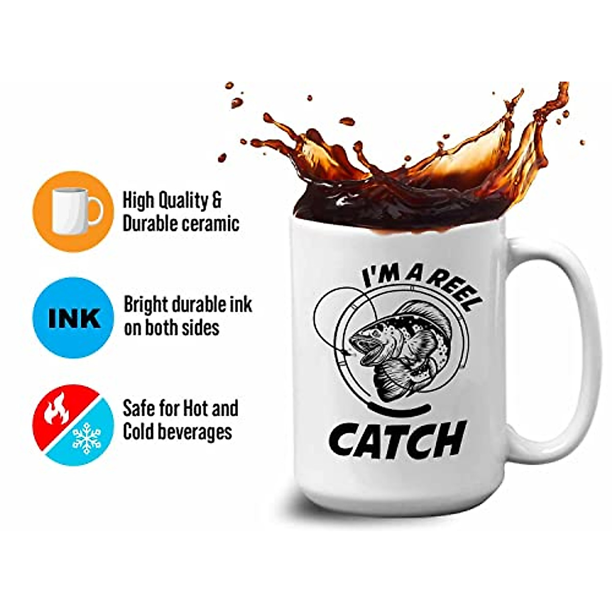 Bubble Hugs Fishing Coffee Mug 15oz White - Reel Fish Catch A - Bass Fishing Spooler Boat Lovers Lures Rod Funny Fisherman Joke Retirement Grandpa