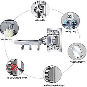 Liccyy Adhesive Shower Head Holder with Wall Shelves, Strong Self Adhesive Adjustable Waterproof Multifunction Handheld Shower Wand Holder Bracket with 3 Hanger Hooks,Wall Mount,No Drilling, Silver