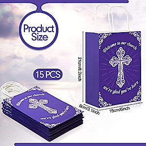 15 Pieces Welcome Gift Bags with Handles Purple Welcome to Our Church Gift Bags Religious Church Bag Baptism Gift Bag Bulk for Birthday Church Theme Party Supplies, 5.9 x 3.1 x 8.3 Inch