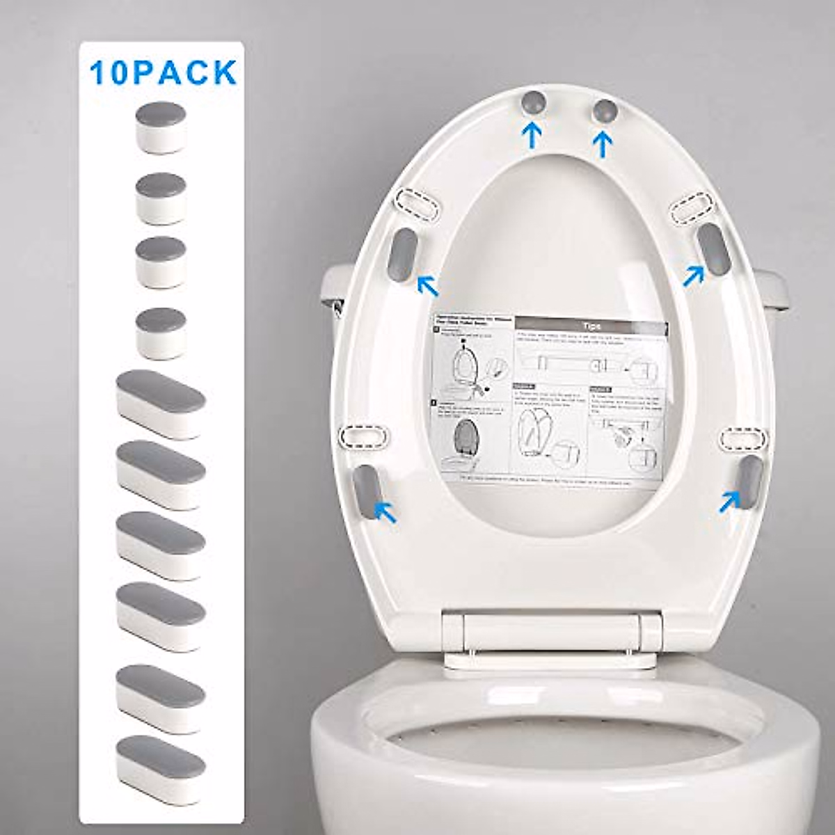 10 Pieces Toilet Seat Bumpers, Universal Buffer Toilet Lid Rubber Bumpers Each One with 2 Thickness TPE Pads(2 Heights) Strong Adhesive Bidet Bumpers Used for Home, Hotel, Hospital