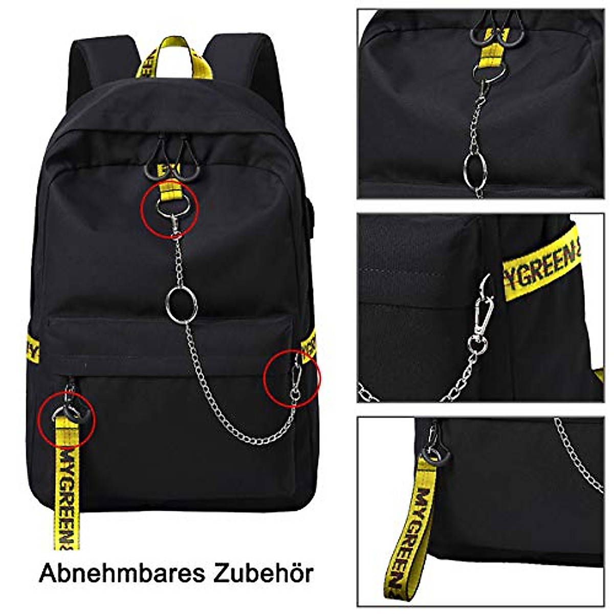 El-fmly Fashion Backpack with USB Charging Port for Travel, Lightweight School Bookbags with Cool Letters Strap for Teenage Girls & Women (Black+Grey)