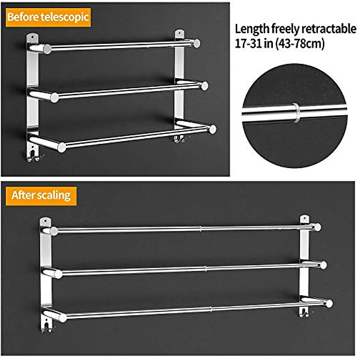Stretchable 24-30 Inches Towel Bar for Bathroom Kitchen Hand Towel Holder Dish Cloths Hanger SUS304 Stainless Steel RUSTPROOF Wall Mount No Drill Sdjustable (3 bar)