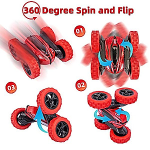 Sakiyr Remote Control Car RC Stunt Car Toy for Kids, 4WD 2.4Ghz Double Sided 360° Rotating RC Car for Boys (Red)