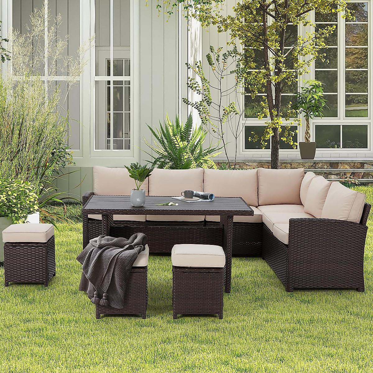 U-MAX 7 Pieces Patio Furniture Set Outdoor Sectional Sofa Conversation Set All Weather Wicker Rattan Couch Dining Table & Chair with Ottoman, Khaki Cushion