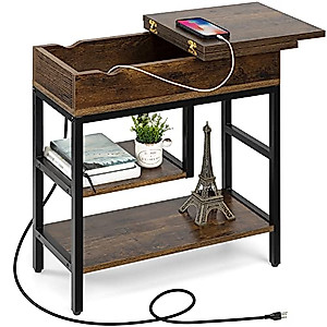 Hadulcet Side Table with USB Ports and Outlets, Narrow Sofa End Table with Storage Shelf for Small Spaces, Bedside Table Nightstand with Charging Station Rustic Brown
