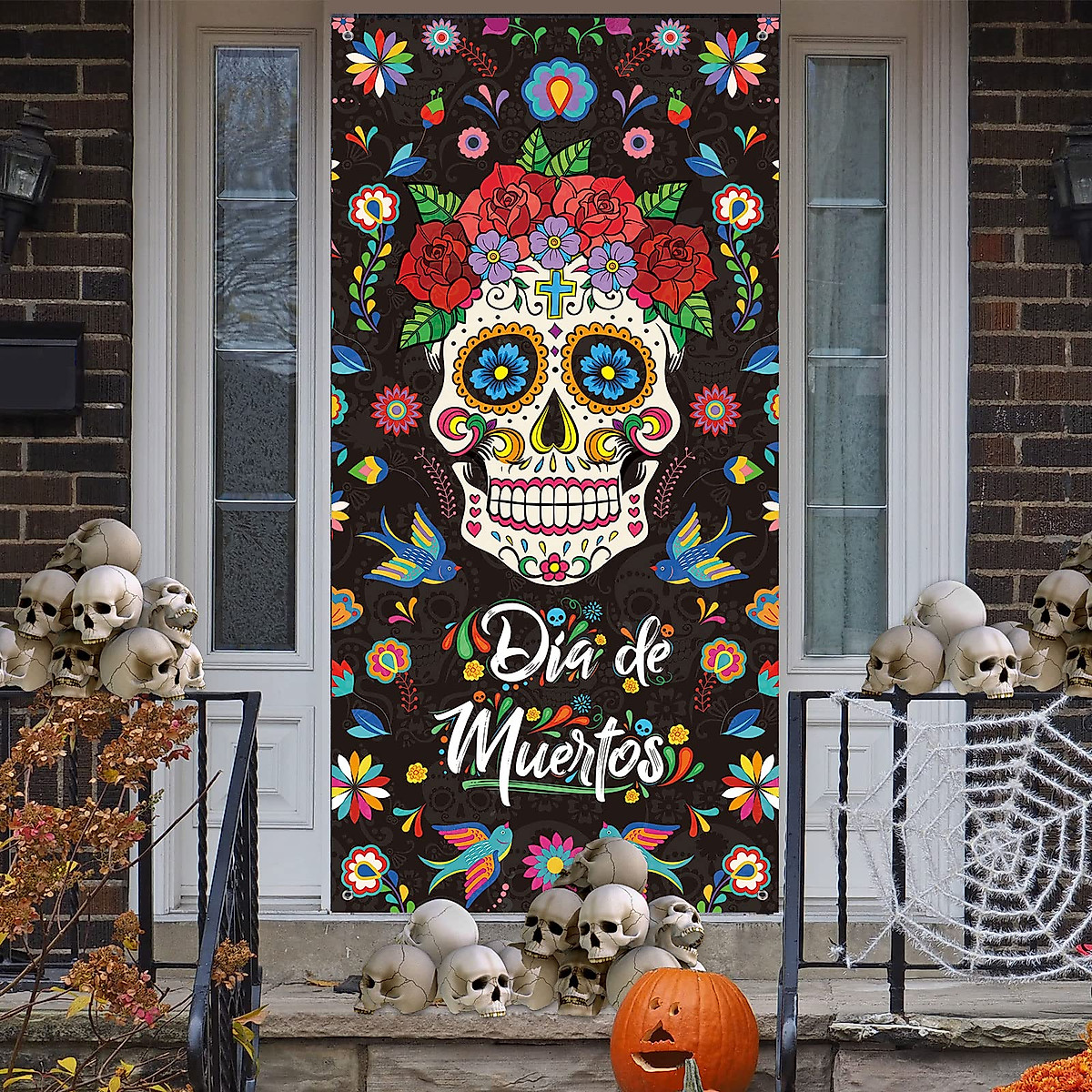 3 Pieces Day of the Dead Porch Sign, Mexican Dia De Los Muertos Party Door Decorations, Day of the Dead Sugar Skull Door Banner for Halloween Home Bathtub Birthday Fiesta Party, 11.8 x 70.9 Inches
