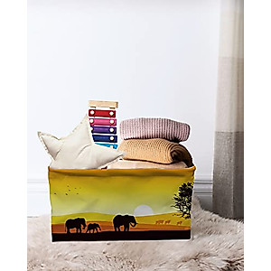Storage Cubes Organizer with Handles, The Sunset Landscape of Elephant Giraffe Animal Storage Bins Fabric Collapsible Storage Baskets for Shelf Closet Nursery Cloth Organizers Box 2pcs-15x11x9.5in