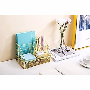 POPRUN Desk Organizers and Accessories for Women with Drawer, Cute Desk Supplies and Stationary Oganizer for Home and Office Desk Decor, Metal Mesh Desk Organization and Storage (Gold)